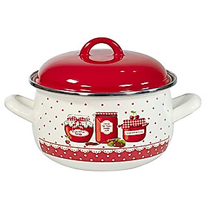 Red Co. Medium Enameled Cookware 8" Belly Deep Metal Induction Stockpot with Lid, Vintage Red Margarine Design Print, 3 Quart