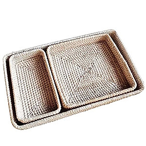 Set of 3 Handmade White Rattan Rectangle Serving Tray Washed White Wicker Serving Organizer Tabletop Fruit Platter with 2”Wall 14 Inch Decorative Bread Drinks Snack Storage Serving Basket Tray