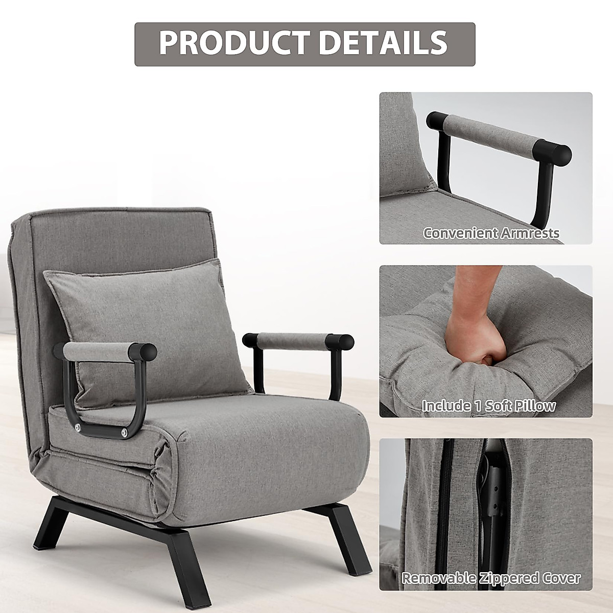 Haddockway Single Person Sofa Bed Sleeper Chair Convertible Chaise Lounge Couch,Folding Sofa Arm Chair with Pillow&5 Adjustable Backrest,Upholstered Lazy Bed Leisure Recliner for Home Office