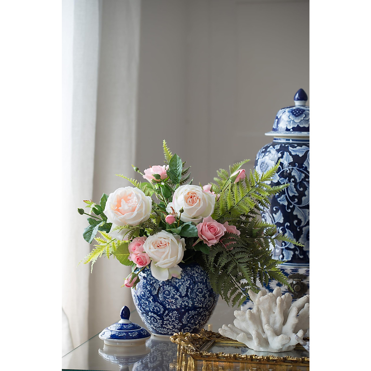 A&B Home 10'' Decorative Antique Porcelain Jar with Lid Flower Pot Planter Blue and White Vase Floral Print Centerpiece Home Decor Indoor Outdoor