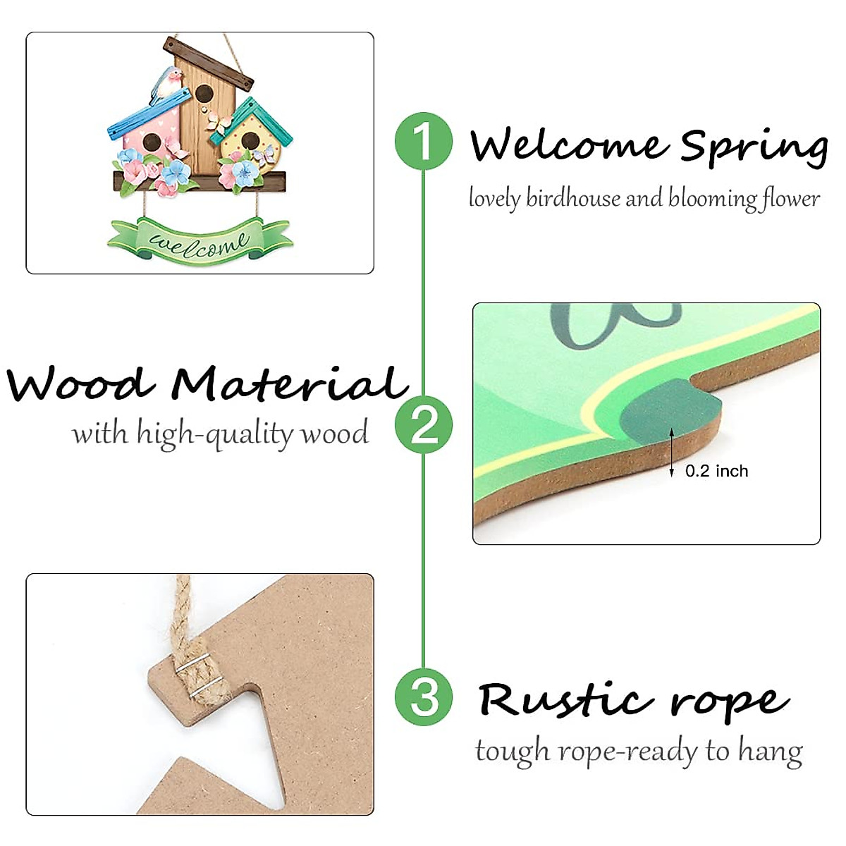 TOARTi Colorful Welcome Spring Front Door Sign Hanging(13.6"x11.8"), Blooming Flowers Butterfly Birdhouse Wall Sign Plaque, Wooden Garden Fence Hanger for Home Porch Farmhouse Cafe