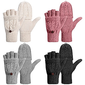 Tarpop 4 Pairs Winter Convertible Gloves Fingerless Mittens Knit Flip Wool Women Gloves Warm Half Finger Gloves with Cover