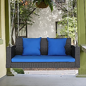 VINGLI Heavy Duty 800 LBS Wicker Hanging Porch Swing with Cushions & Chains, 4FT Outdoor Rattan Swing Bench for Garden, Yard, Lawn (Black+Blue)