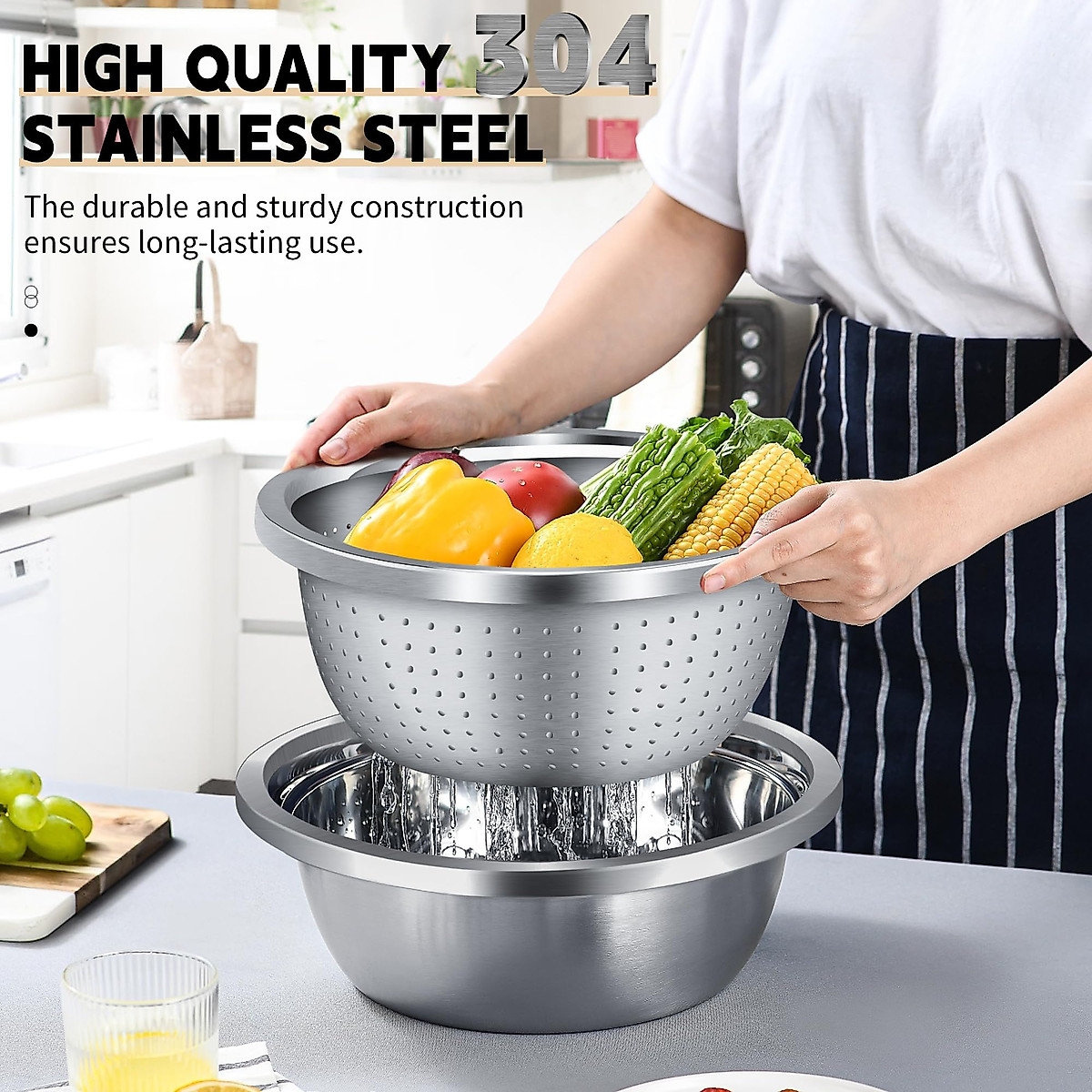 Gulex Colander 304 Stainless Steel 3-quart with Mixing Bowls, Strainer for Kitchen Food For washing vegetables, fruit, rice, Dishwasher Safe. (2PC)