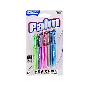 BAZIC Ballpoint Pen Palm Mini Pens w/Key Ring, Black Ink 1.0 mm Bold Point (5/Pack), 1-Pack