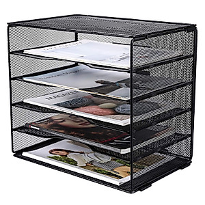 EasyPAG 5 Tier Mesh Desk File Organizer Office File Sorter Desk Trays Classroom Paper Organizer for Letter Legal File Holder Screwless Design,Black