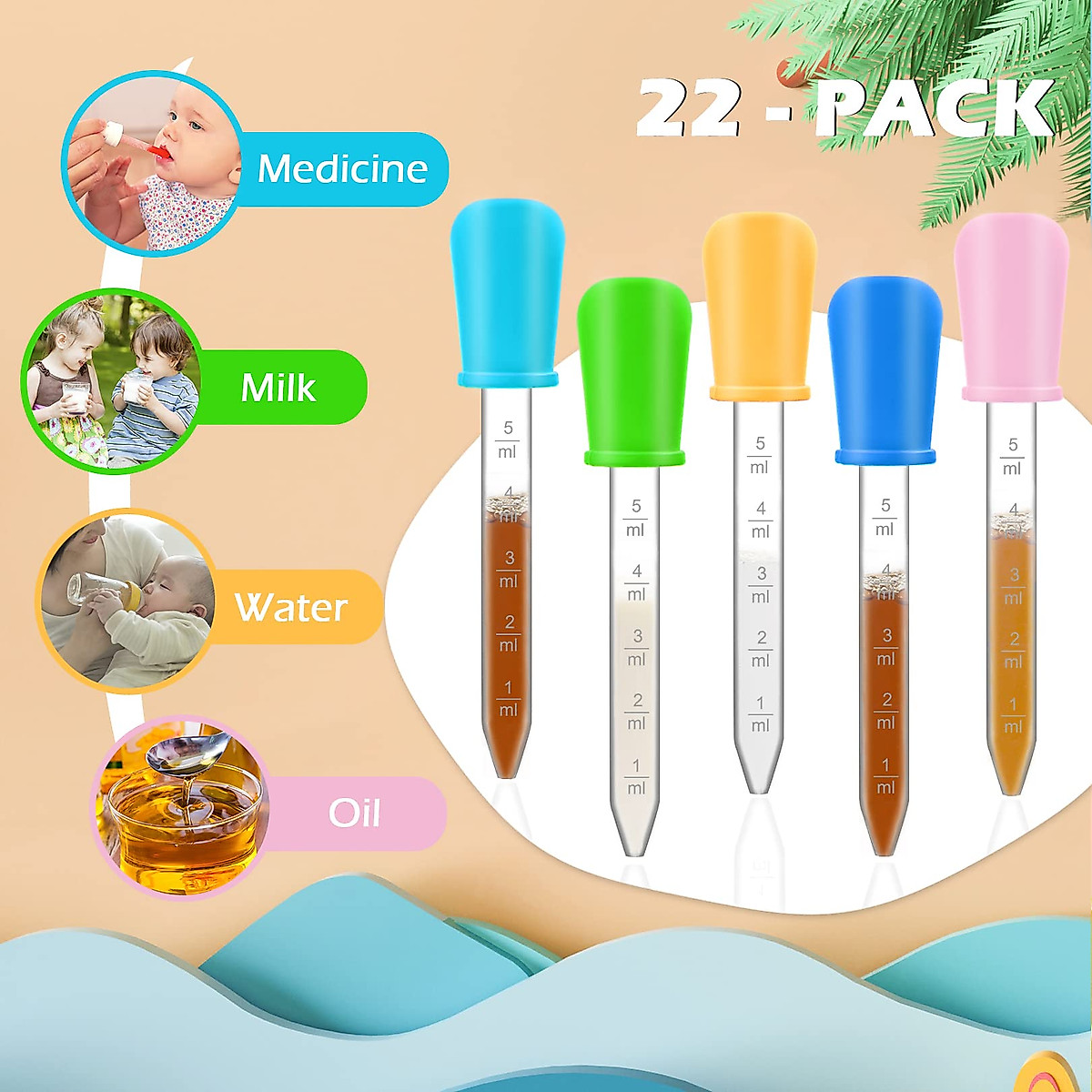 Basic Model 22 Pack Liquid Droppers for Kids Crafts, 5ml Clear Medicine Eye Dropper, Silicone and Plastic Pipettes with Bulb Tip and Clean Brush for Candy Mold