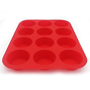 BakeWarePlus 12 Cups Silicone Muffin Cupcake Pan Baking Mold Red Non-stick Reusable and Heat Resistant