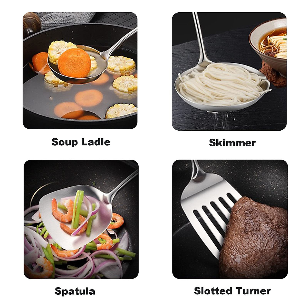 NIITAWH Wok Utensils for Carbon Steel, Stainless Steel Wok Spatula Metal, 4-Pieces 17 Inch Extra Long, Wok Tools Professional Set, Wooden Handle Skimmer, Soup Ladle, Slotted Turner