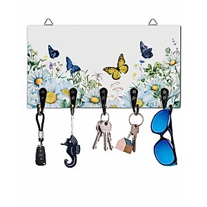JasmineM Spring Daisy Florals Butterfly Key Holder for Wall Decorative, Wood Wall Mounted Key Rack with 5 Key Hooks, Keys Hanger Organizer for Entryway Hallway Office Home Decor, Watercolor Art