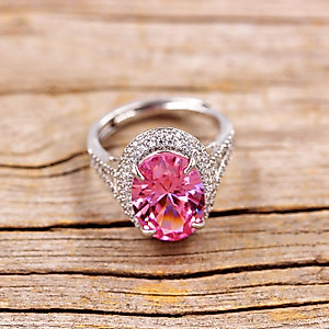 Uloveido Adjustable Platinum Plated Big Zircon Ring, Oval Stone Ring, Crystal Split Shank Ring Birthstone Jewelry Gifts for friend Y927-Pink