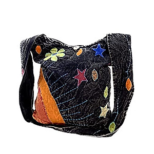 Elements of Nature Bohemian Hand-Stitched Hippie Hippy Shoulder Crossbody Monk Handbag in Black Large