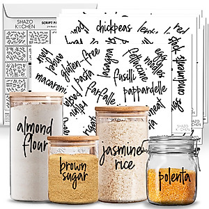 214 Extra Large Kitchen Pantry Labels for Food Storage Containers, Water Resistant - Easy to Read - Preprinted Black Script on Clear Stickers for Jar & Canisters - Kitchen Labels for Organizing
