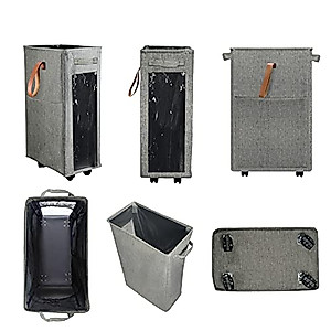 27" Slim Laundry Hamper, 65L Large Foldable Rolling Laundry Basket Carts with Handle and Wheels Waterproof & Breathable Mesh Liner for Dirty Clothes Storage (Grey)