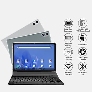 Tablet Android 2024 10 Inch Tablet, 2-In-1 Octa-Core Tablet with 128GB + 1TB Expansion, 13+8MP Dual Camera, 5G WIFI, HD Touch Screen, Tablet with Keyboard, Mouse, Bluetooth, GPS, Foldable Case