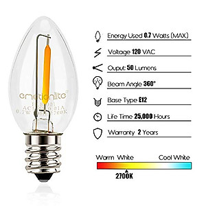 Emotionlite Night Light Bulbs, C7 Candelabra LED Light Bulbs, E12 Chandelier Base, 4W 5W 6W 7W Incandescent Equivalent, Warm White, 2700K, Clear, 4 Pack
