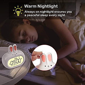 Rabbit Digital Alarm Clock with Day of Week Display, Cute Design Bunny Look, Easy Setting, Snooze, Night Light, Thermometer, Rechargeable, Kawaii Decor for Bedroom, Bedside, Adult, Kid, Gift, White