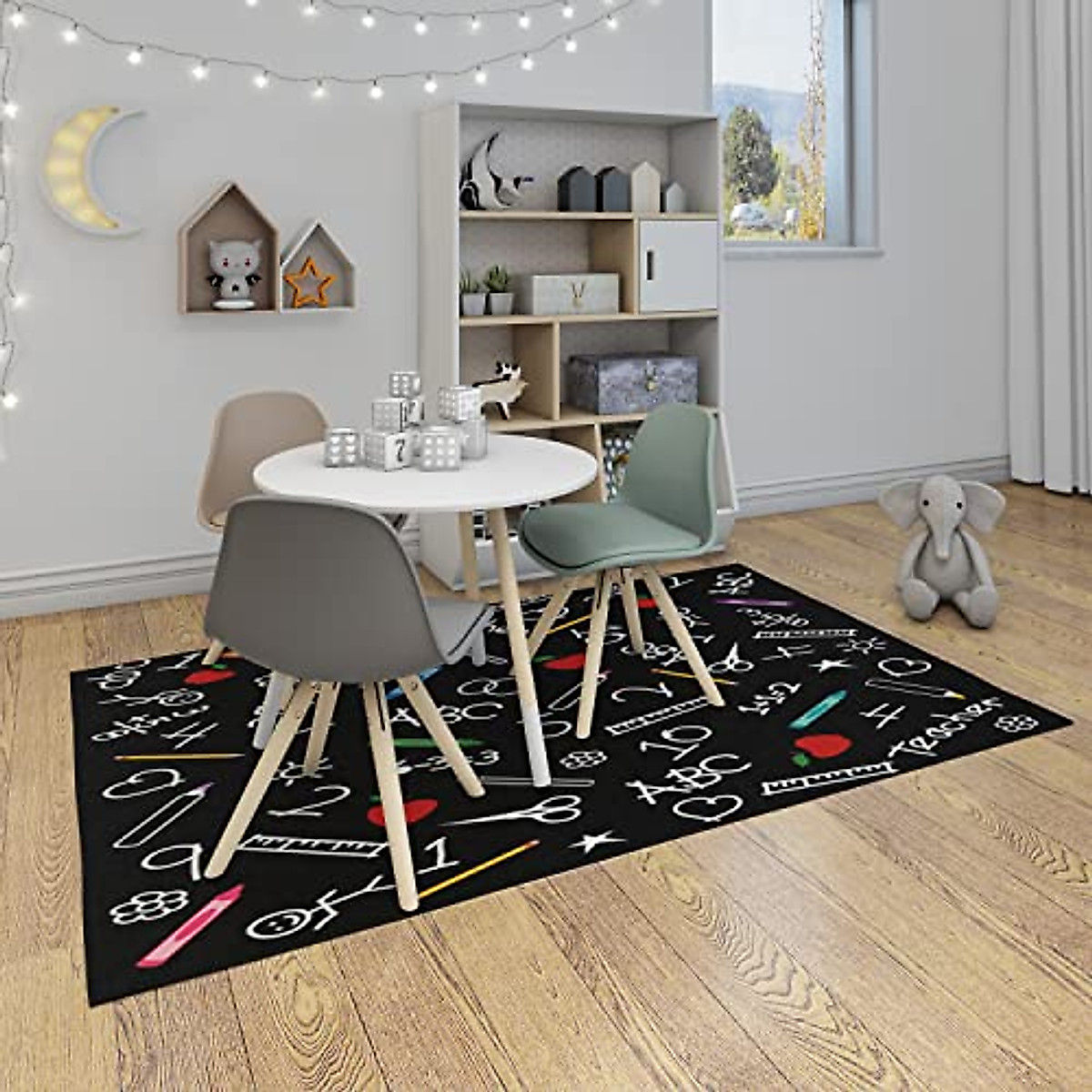 LOKMU Non-Slip Area Rugs Back to School Blackboard Chalk Drawings Crayons Markers Rulers Home Decor Rugs Carpet for Classroom Living Room Bedroom Dining Kindergarten Room 5'x7'
