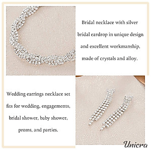 Unicra Bride Silver Necklace Earrings Set Crystal Bridal Wedding Jewelry Rhinestone Bridesmaid Party Choker Drop Dangle for Women and Brides