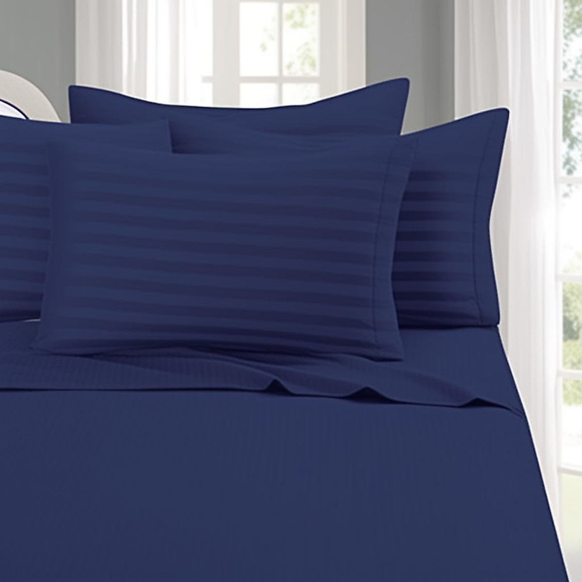 Cotton King Size Sheets, 4 Piece Sheet Set, Deep Pocket up to 16", Sheet & Pillowcase Set, Deep Pocket Hotel Bed Sheets, Breathable & Cooling, Soft Comfy and Quality Sheets (Striped,Navy Blue,King)