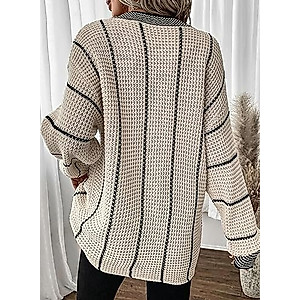 Dokotoo Womens Oversized Long Sleeve Sweaters Winter Trendy V Neck Striped Sweater Fashion Long White Sweaters for Women X-Large