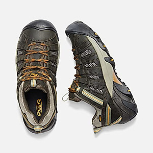 KEEN Men's Voyageur Low Height Breathable Hiking Shoes, Black Olive/Inca Gold, 7