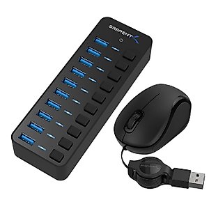 10 Port 60W USB 3.0 Hub with Individual Power Switches and LEDs Includes 60W 12V/5A Power Adapter+Mini Travel USB Optical Mouse with Retractable Cable for Computers and laptops | Mac & PC Compatible