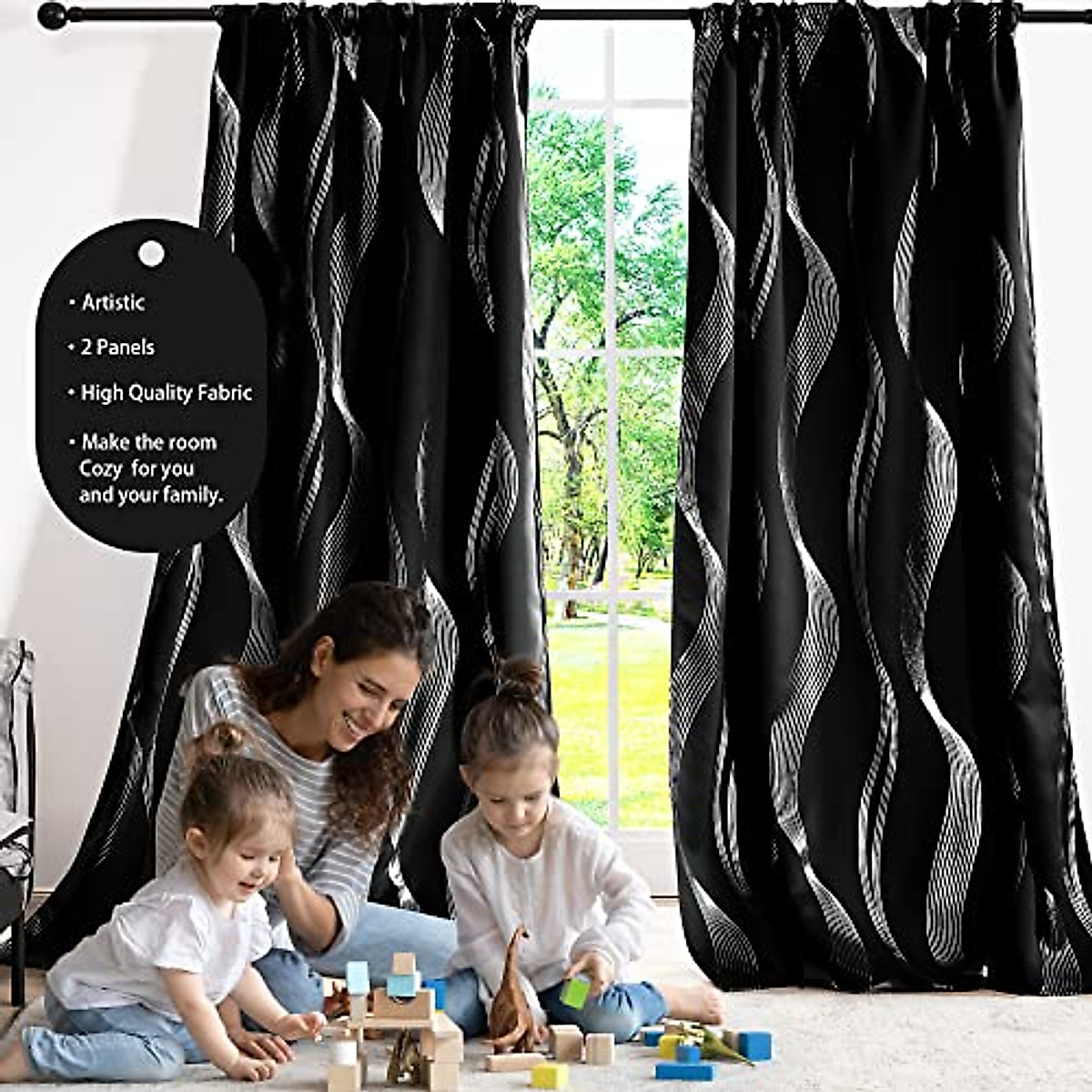 Deconovo Blackout Curtains for Bedroom, 90 Inch Curtains for Living Room, Silver Wave Foiled Rod Pocket and Back Tab Curtain, 52W x 90L, Black, 2 Panels