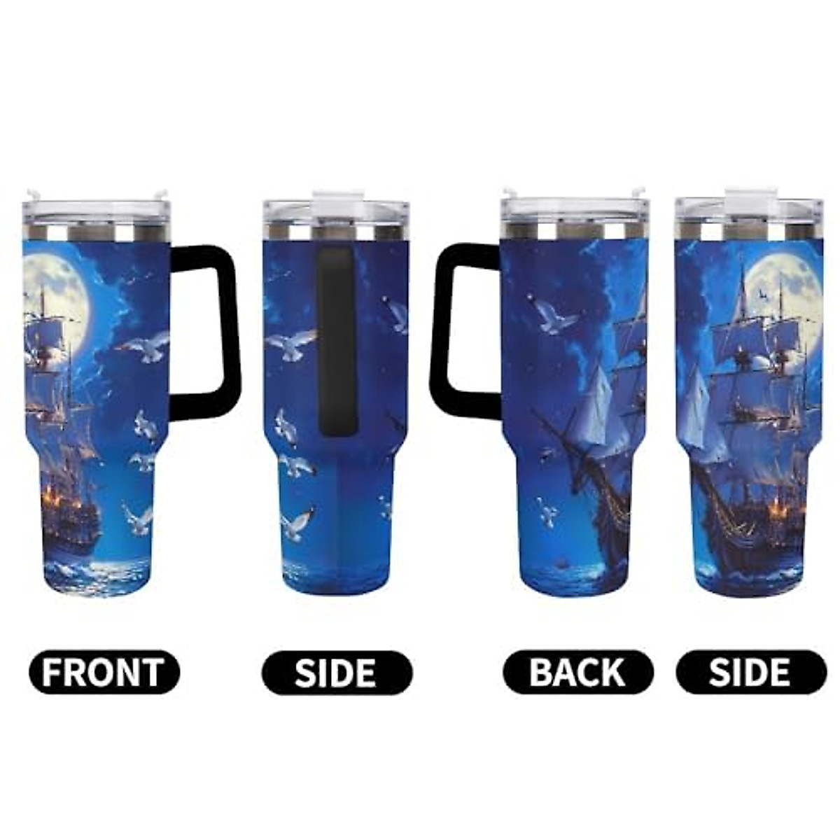 Steamship Moon Tumbler with Handle Travel Mug Water Bottle Tea Coffee Cup Black-style