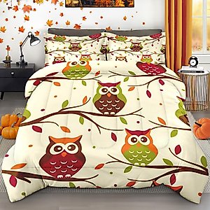 Pamnest Comforter Set Queen Size, Autumn Cute Owls Soft 3 Pcs Bedding Set for Kids and Adults, Ivory Fall Thanksgiving Comforter Set with 2 Pillowcases, for Bedroom Bed Decor