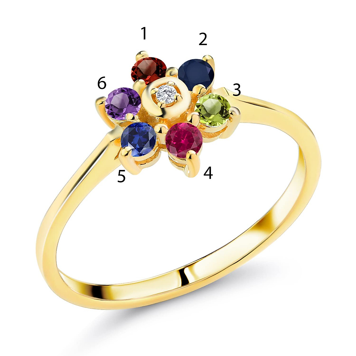 Gem Stone King 10K Yellow Gold Customized and Personalized 7-Stone Round Gemstone Birthstone and White Diamond Flower Ring For Women (Size 6)