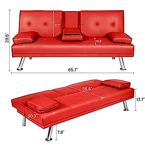 AWQM Faux Leather Futon Sofa Bed Upholstered Modern Convertible Sofa Bed Small Couch Bed Adjustable Couch Sleeper for Compact Living Space, Removable Armrests, Metal Legs, 2 Cupholders, Red