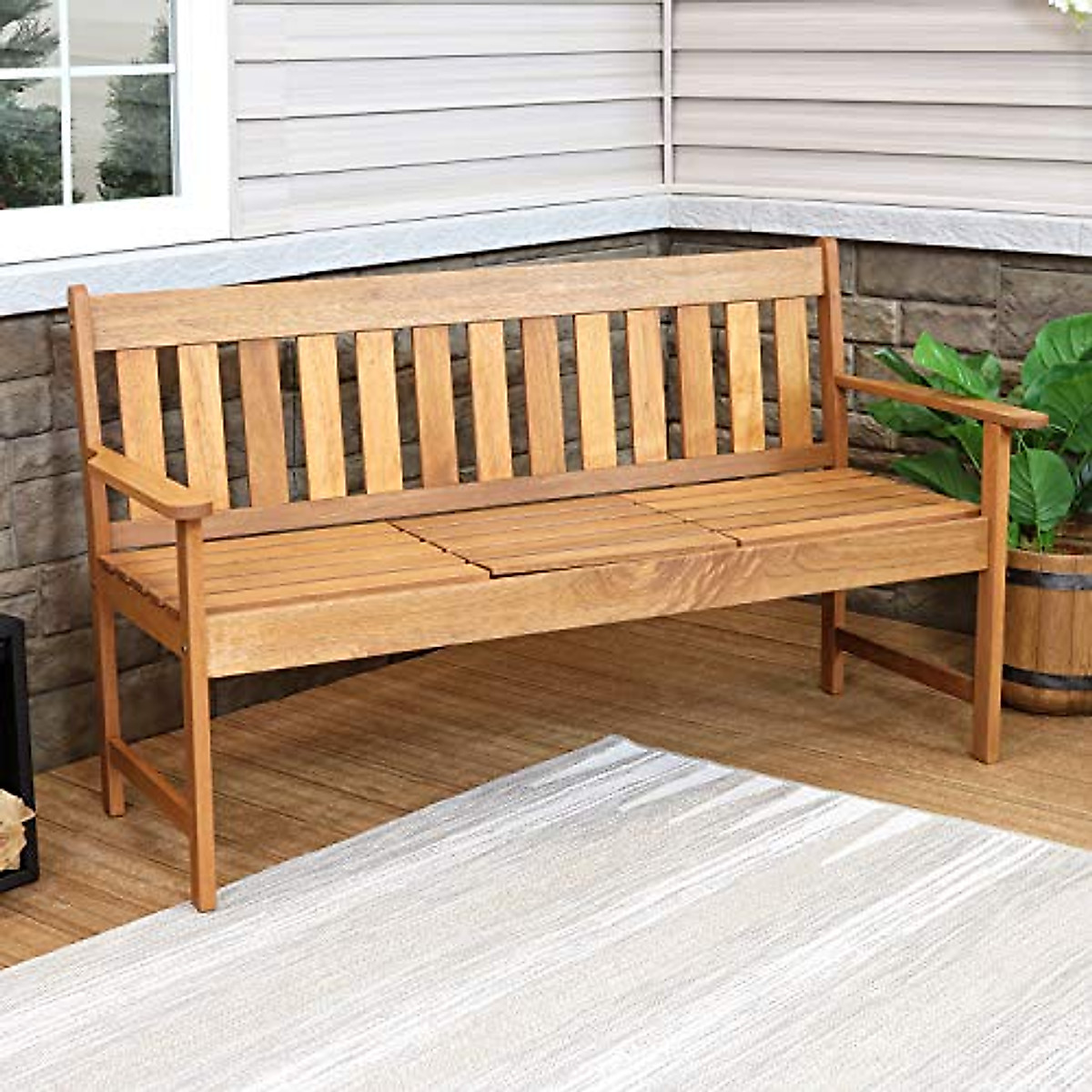 Sunnydaze Meranti Wood Outdoor Bench with Teak Oil Finish and Built-in Pop-Up Table - Comfortable Patio Seating for 2 Adults - Modern Occasional Bench - Decorative Porch Furniture - 60-Inch