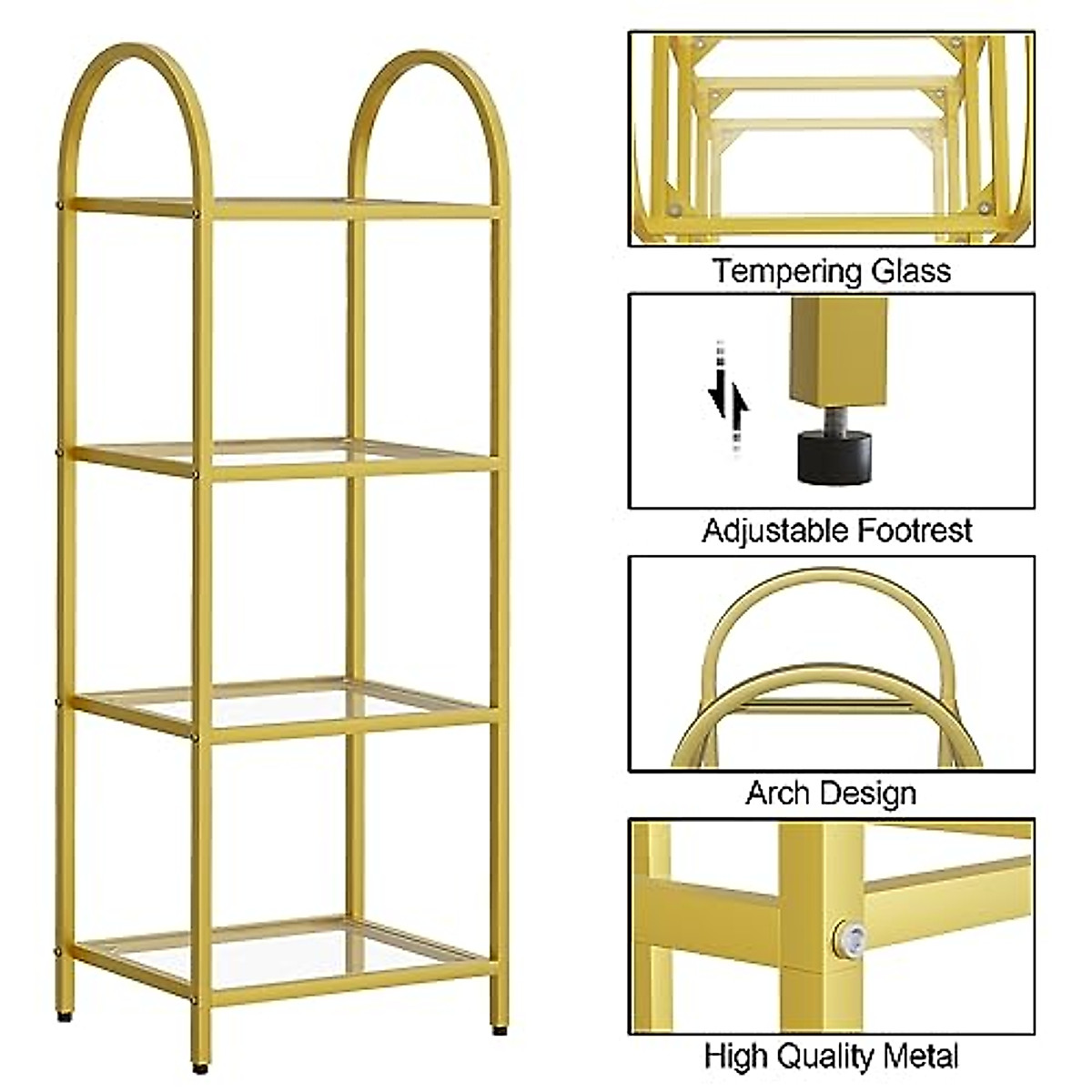 Arbuxzuy 4-Tier Bookcase ，Small Bookshelf ，Narrow Tempered Glass Bookshelves，Slim Shelving Unit for for Living Room, Bedroom, Home Office, Gold