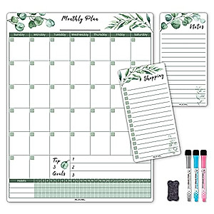 ALEZEL Magnetic Dry Erase Calendar for Fridge, Greenery Monthly Fridge Calendar Whiteboard Set - Vertical Monthly Calendar for Refrigerator, Grocery & to Do List White Board, 3 Markers + Eraser