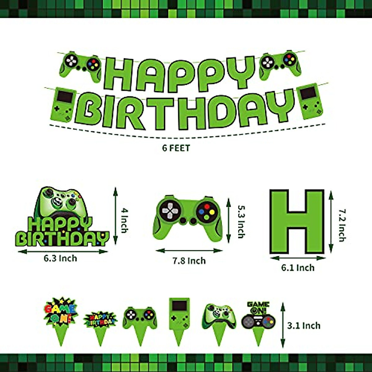 Green Video Game Party Supplies - 201Pcs Gamer Gaming Party Decoration For Boys Birthday Party - Table Cover, Plates, Cups, Napkins, Utensils, Hanging Swirls, Birthday Banner, Cupcake, Topper Cake Topper & Balloons Serves 16 Guests