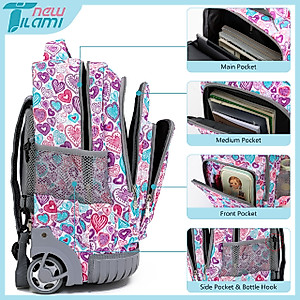 NEW TILAMI Rolling Backpack 18 Inch, Boys Girls Cute Wheeled Laptop Boys Girls Travel School Student Trip Bag, Pink Love