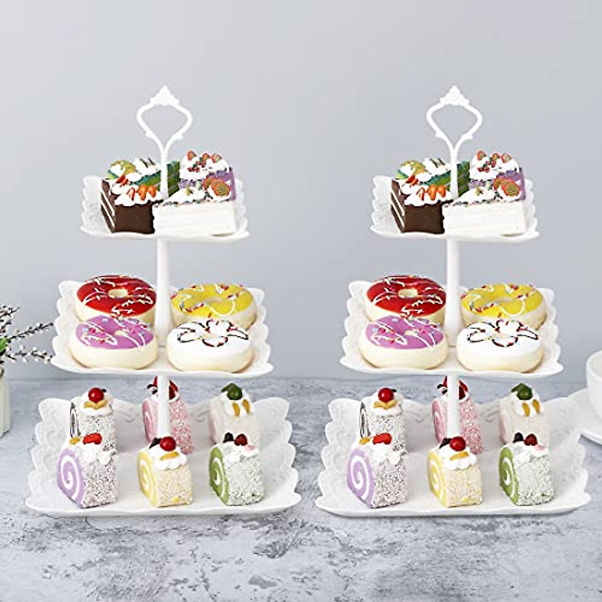 2 Set of 3-Tier Plastic Cupcake Stand Dessert Plates Mini Cakes Fruit Candy Display Tower White for Kids Birthday Tea Party Baby Shower Serving Tray, Square
