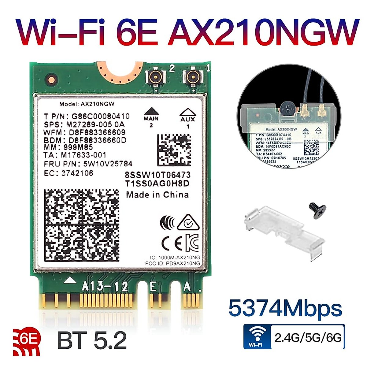 Wi-Fi 6E AX210NGW Wireless WiFi Card BT5.2 M.2 2230 Tri-Band Expands WiFi to 6GHz 160MHz 802.11ax ac MU-MIMO AX210 AX5400Mbps wifi 6E Network Card Better AX200NGW for PC Laptops Only for Windows 10 11