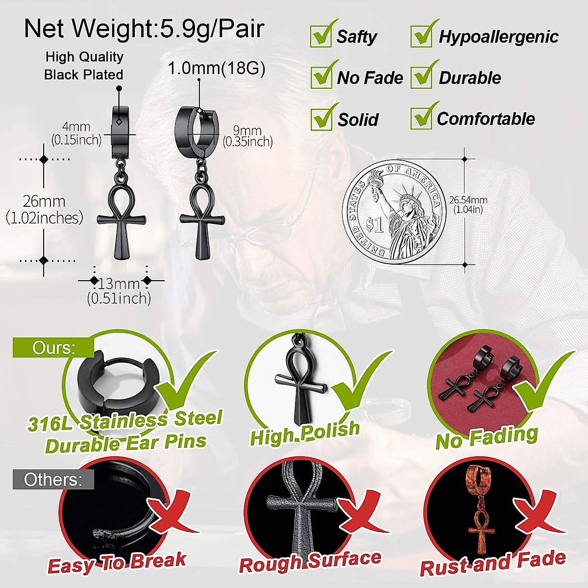 FaithHeart Ladies Stainless Steel Ankh Cross Dangle Hinged Hoop Earrings, Women Hoop Huggie Earrings Egyptian Cross Drop Dangle Earrings-Black