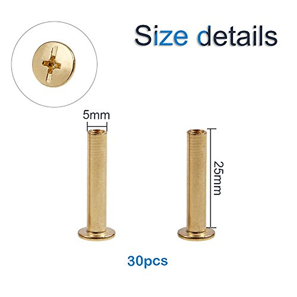INCREWAY Phillips Screws, 30 Sets 5mm X 25mm Copper Plated Chicago Binding Screws Round Cross Head Stud Screw Posts Nail Docking Rivet Chicago Button, Brass Tone