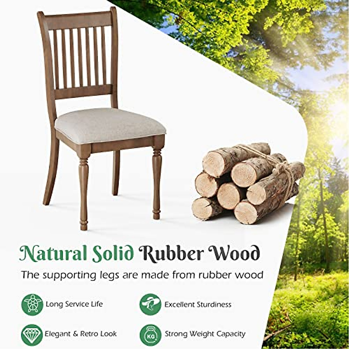 Giantex Set of 2 Wood Dining Chairs, Upholstered Farmhouse Dining Chairs with Rubber Wood Legs, Padded Cushion, High Back, Armless Wooden Dining Chairs for Kitchen, Dining Room, Brown