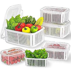 Fruit Storage Containers for Fridge - 10-Piece Kitchen Organizers Leak Proof Produce Saver and Veggie Storage Bins Set for Refrigerator, Plastic Airtight Food Storage Containers with Lids & Handle
