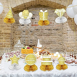 Gold White Happy Birthday Decorations Table Centerpieces for Women Men, 8Pcs White Gold Birthday Honeycomb Centerpieces Party Supplies, 10th 16th 21st 30th 40th 50th 60th Bday Table Toppers Sign Decor