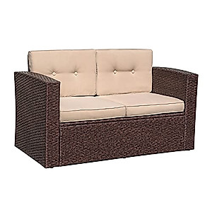 Super Patio Outdoor Wicker Loveseat Patio Furniture, Rattan Corner Sofa Chair with Beige Cushions, Additional Seats for Sectional Sofa Set, Porch and Poolside, Espresso Brown