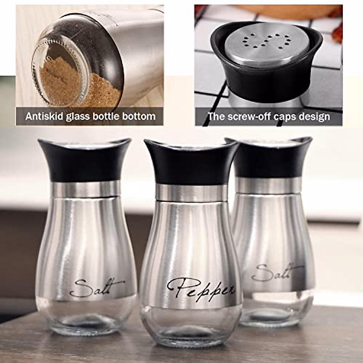 Stainless Steel Salt And Pepper Shakers Set with Glass Bottle, Spice Dispenser Kitchen Accessories for Table,RV,Camp,BBQ (2 PACK)
