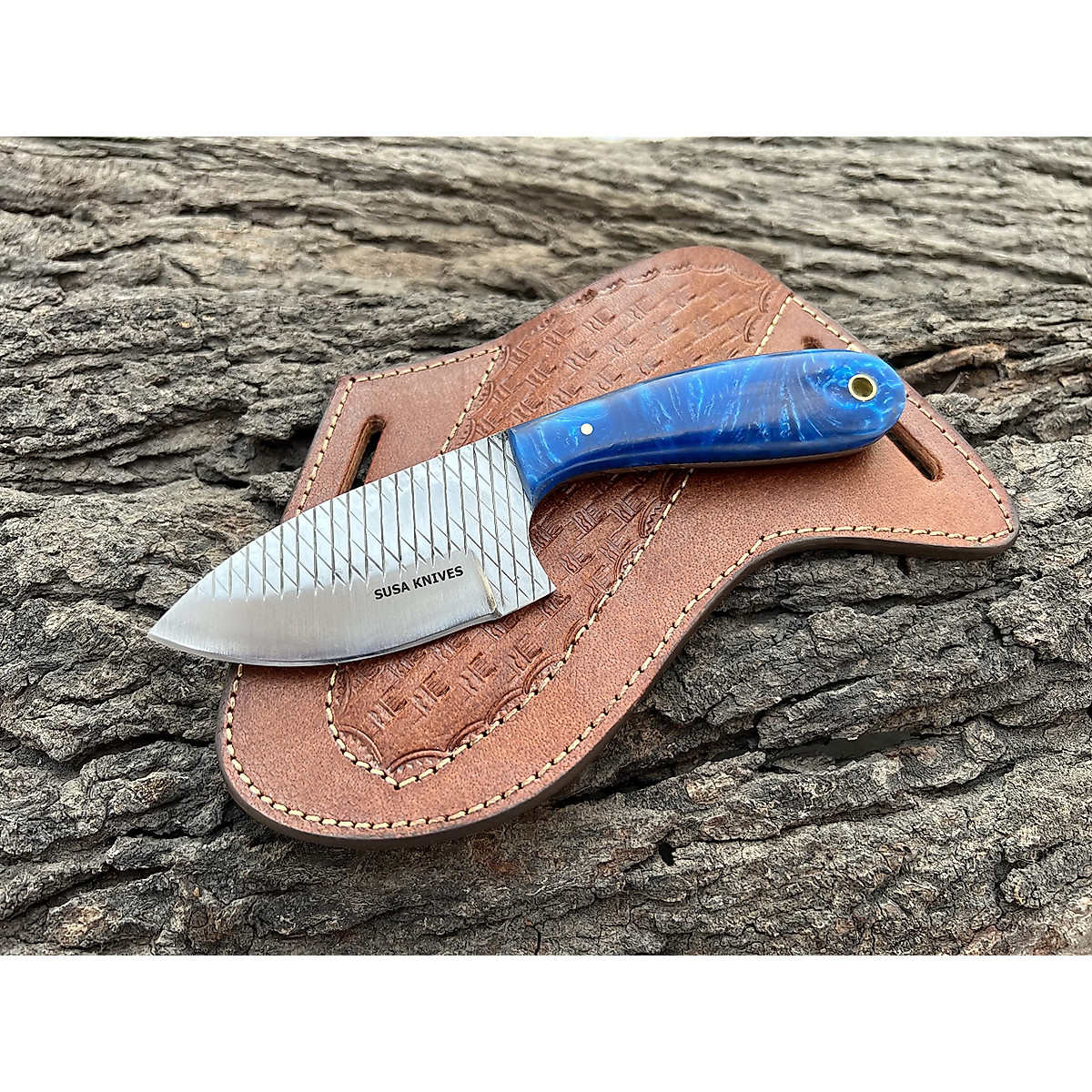 SUSA KNIVES Custom Handmade Excellent Farrier Rasp Bull Cutter knives horse file steel bull cutter knife, cowboy skinner knife with pancake leather sheath (BLUE)
