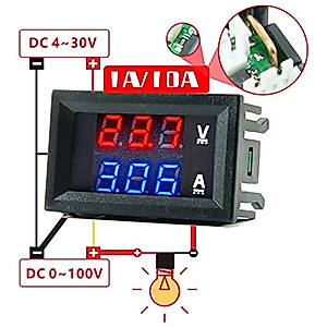 diymore 5PCS 0.28" Volt Amp Meter Digital Voltmeter Ammeter DC 100V 10A Waterproof Dual Display Current Voltage Meter Mini Ammeter Voltmeter 3 Bits Dual LED Display Panel(Red-Blue)