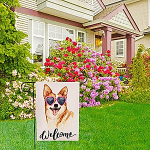 Ogiselestyle Welcome Corgi with Heart Shape Sunglasses Garden Flag Small Vertical Double Sided Decorative House Yard Décor Flag for Outdoor Decoration 12x18 inch