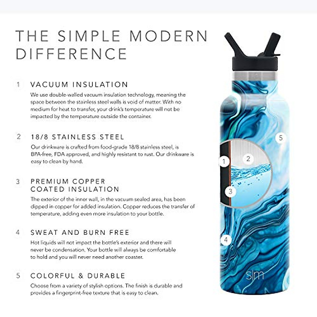 Simple Modern Water Bottle with Narrow Mouth Straw Lid Metal Thermos Vacuum Insulated Stainless Steel l Reusable Leak Proof BPA-Free Flask | Ascent Collection | 24oz, Ocean Geode